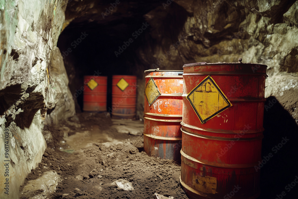 Soil contaminated with hazardous waste barrels and toxic signs Stock ...