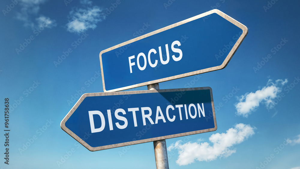 Two directional road signs with focus and distraction options, symbolic ...