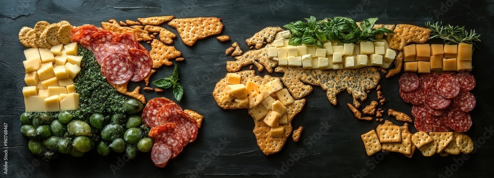 This unique cheese and charcuterie display showcases a world map ...