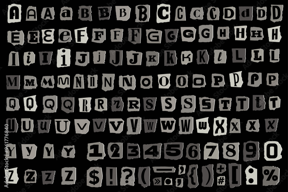 Torn Paper Effect Collage Cut Out Ransom Vector Gray Letters. Cutout ...