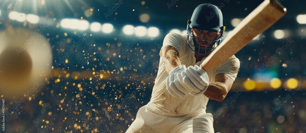 Powerful Strike. Focused man, cricketer making powerful hit during ...