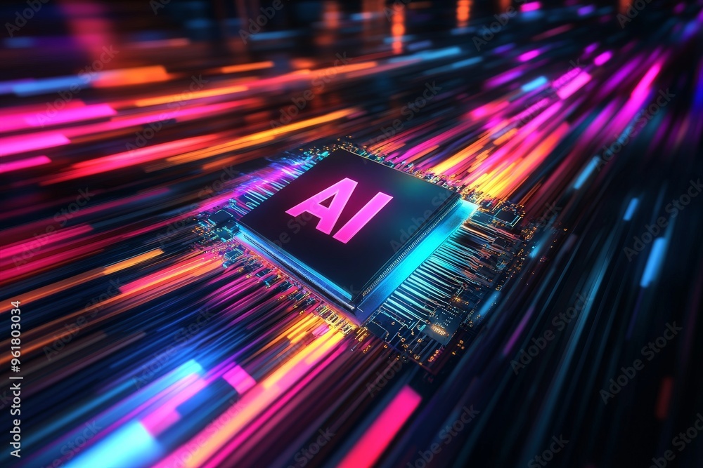 Foto Futuristic ai chip with neon lights and digital data stream do ... Foto Futuristic ai chip with neon lights and digital data stream do ...