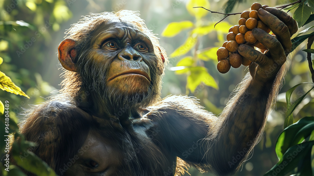Australopithecus africanus holding fruit in jungle, realistic depiction ...