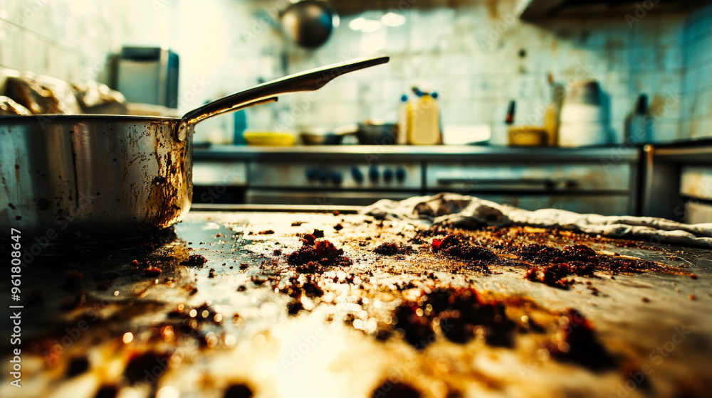 A messy commercial kitchen with dirty surfaces, a greasy pot, and food ...