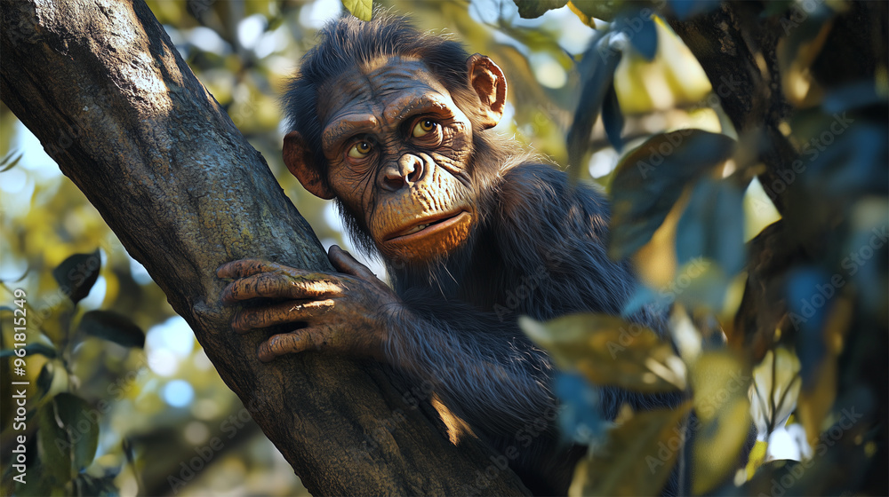 Australopithecus africanus climbing tree, realistic depiction of early ...