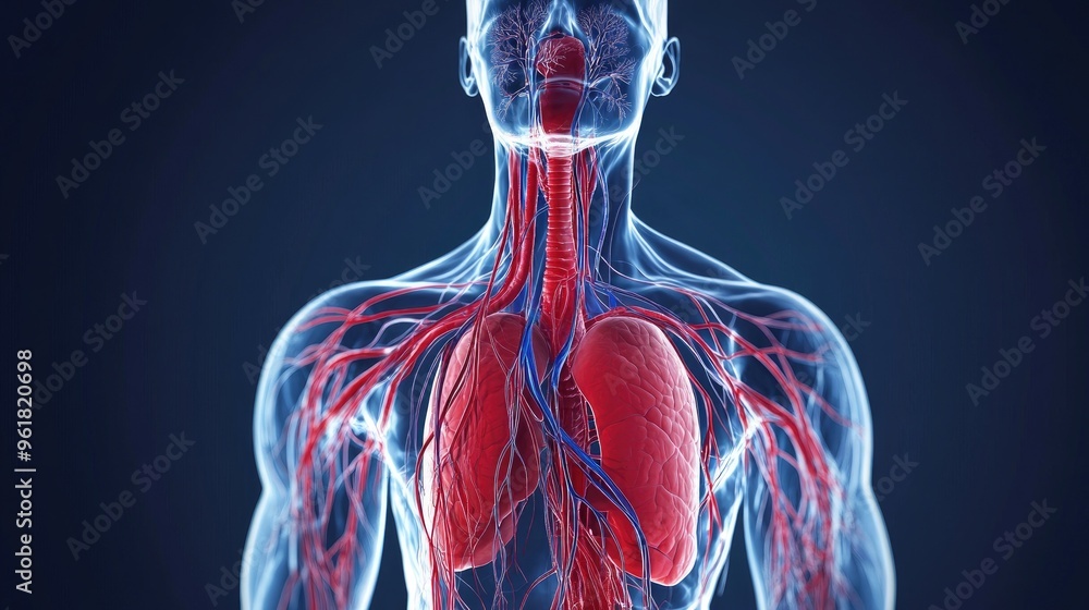 Illustration of the human circulatory system with visible veins and ...