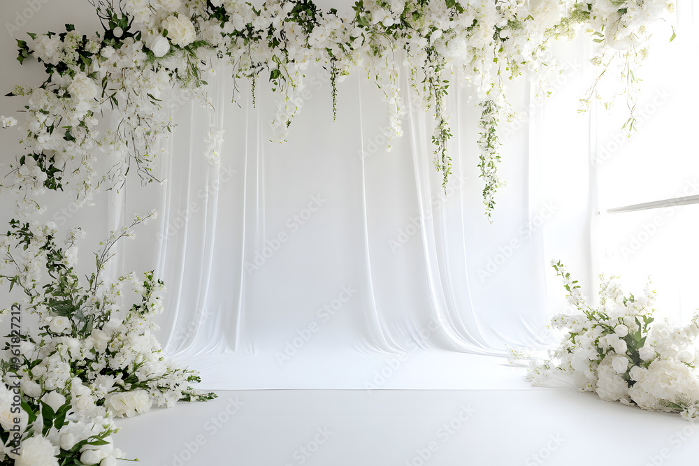 "Clean Wedding Backdrop: Aesthetic Flower Decoration on White ...