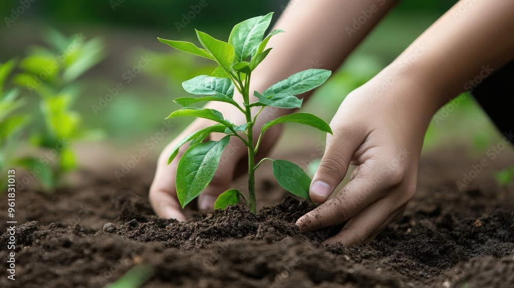 Person planting a young tree sapling in a garden, with a focus on the hands working in the soil ...
