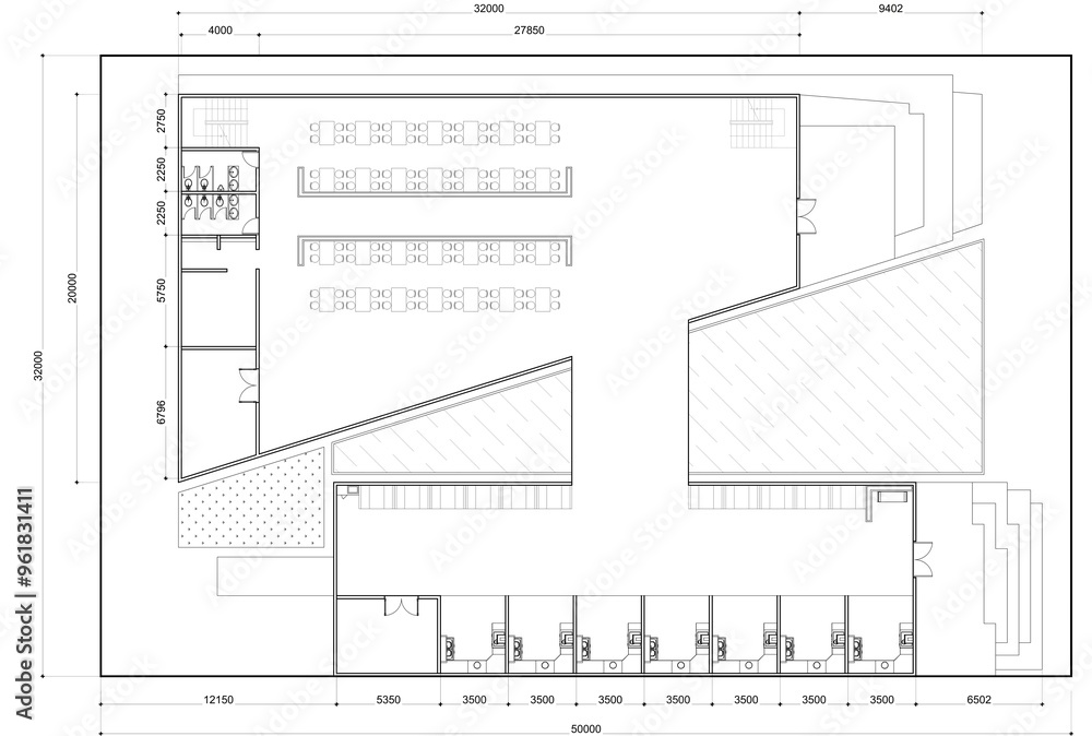 2D top view floor plan of a canteen or food court with notations, for interior reference of the ...