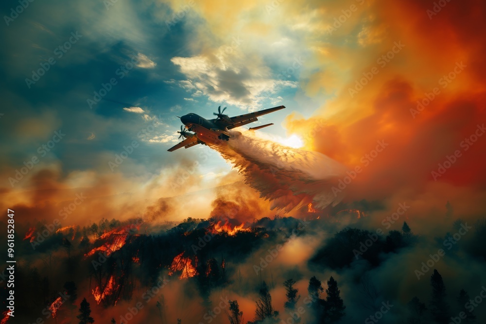 Skilled pilots action maneuvering smoke to extinguish flames. Firefighting aircraft releases ...