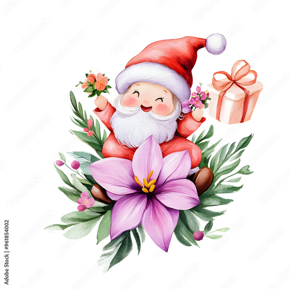 Cartoon Christmas clipart, cute chubby santa riding Lily flower clipart ...