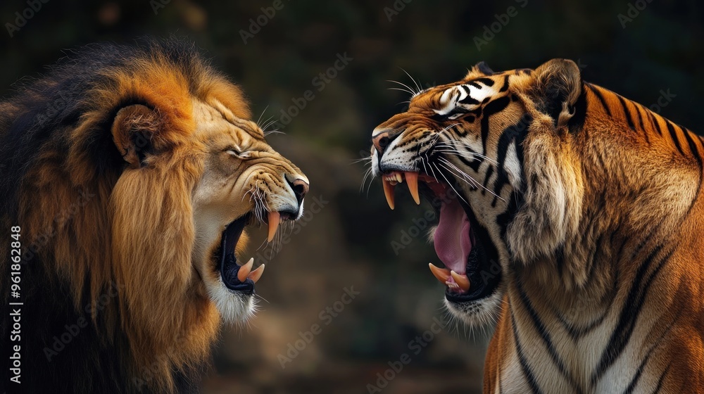 Lion vs angry tiger face to face dramatic jungle background wallpaper ...
