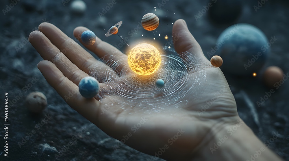 Hand Creating a Solar System: A hand forming a miniature solar system ...