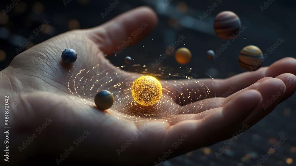 Photo Stock Hand Creating a Solar System: A hand forming a miniature ...