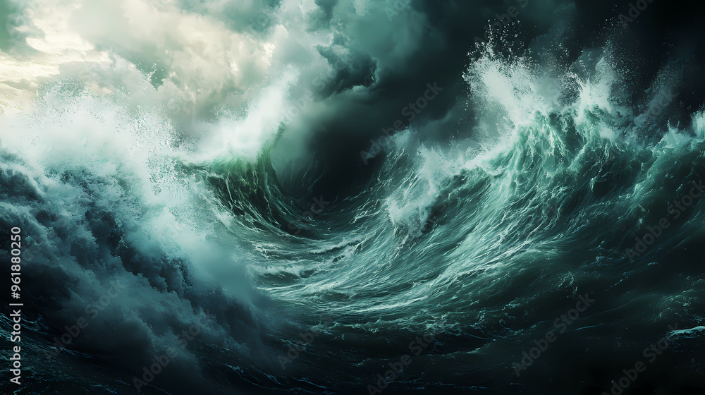 Apocalyptic dramatic background, giant tsunami waves, dark stormy sky ...