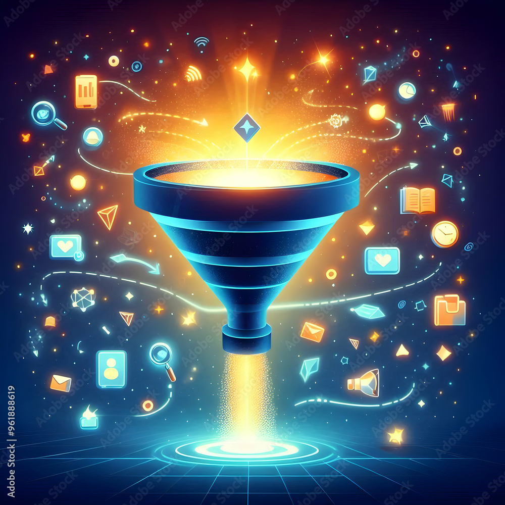 Flat Glowing Abstract Marketing Funnel with Floating Conversion Symbols ...
