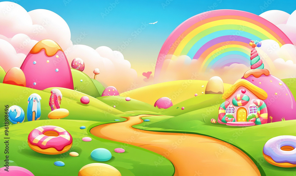 Candyland background with rainbow, candy house and lollipops on the ...