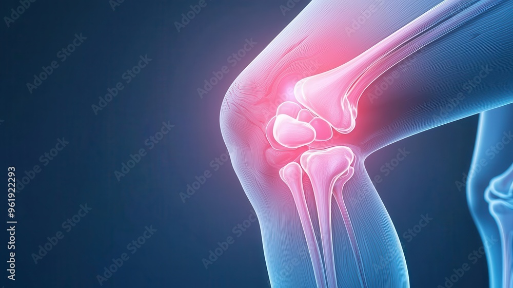 Close-up of a swollen and bruised knee, visible tendons and ligaments ...