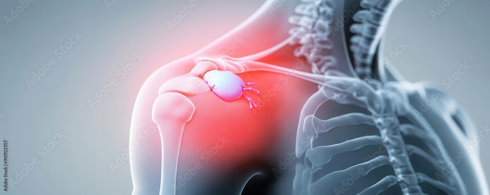Medical diagram showing inflammation around a shoulder joint, color ...
