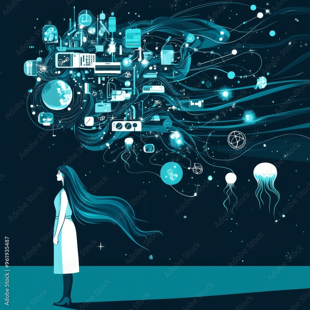 Female scientist head with long hair thinking about complex science ...