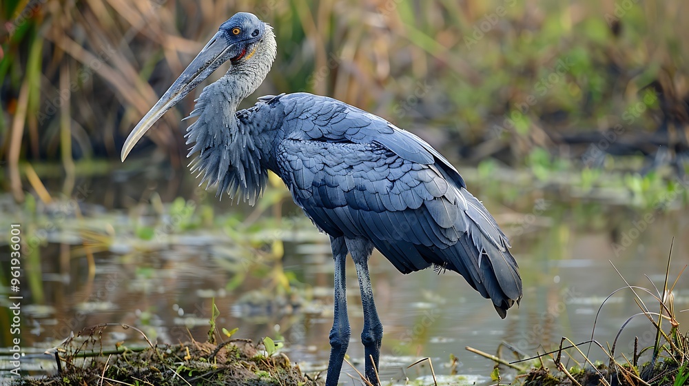 Elegant shoebill stork stalking in African wetlands: An elegant ...