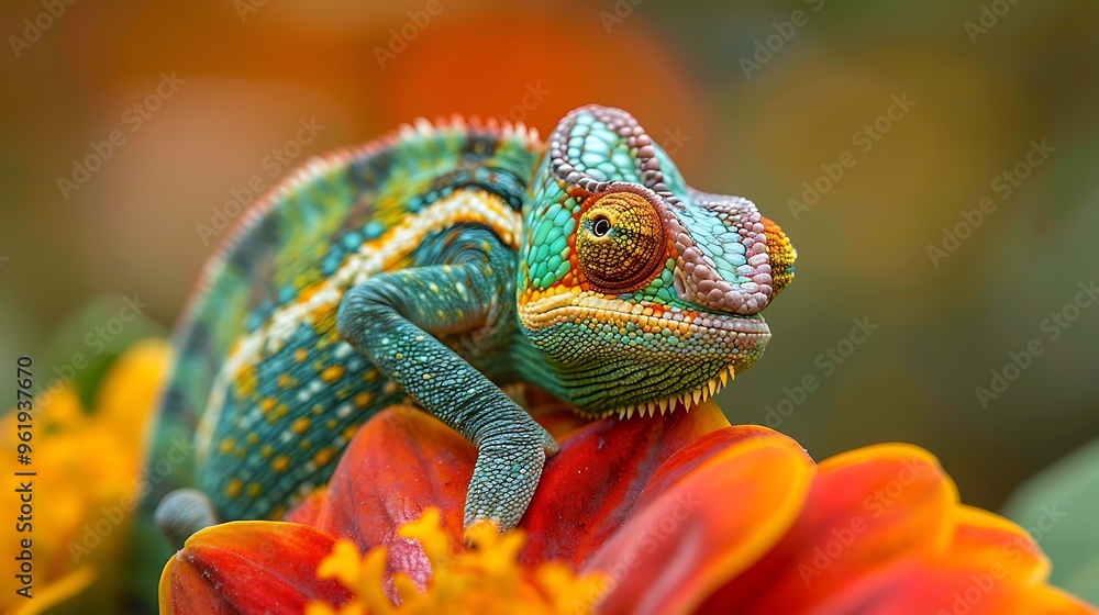 Camouflaged chameleon on colorful flower, changing colors: A chameleon ...