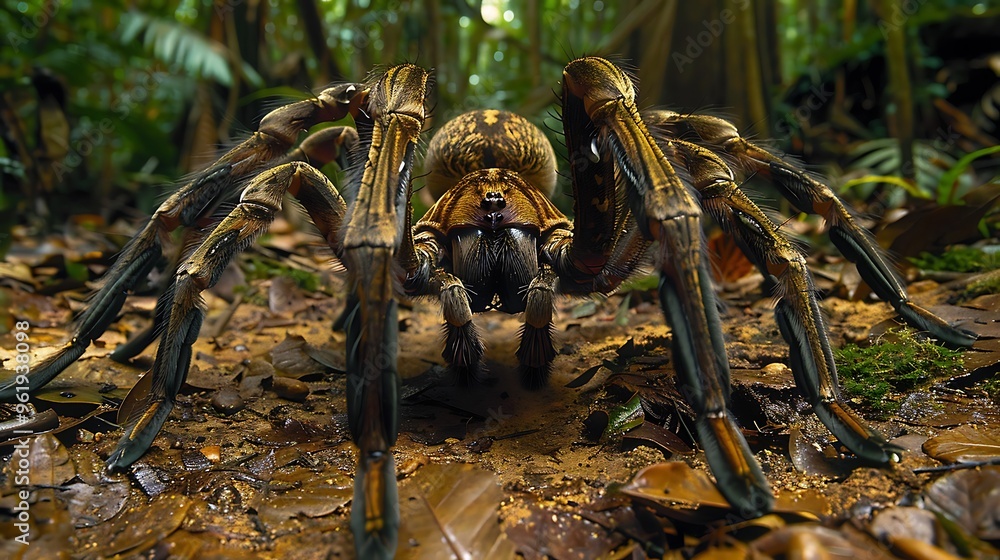 Massive Goliath bird-eating spider in jungle habitat: A massive Goliath ...