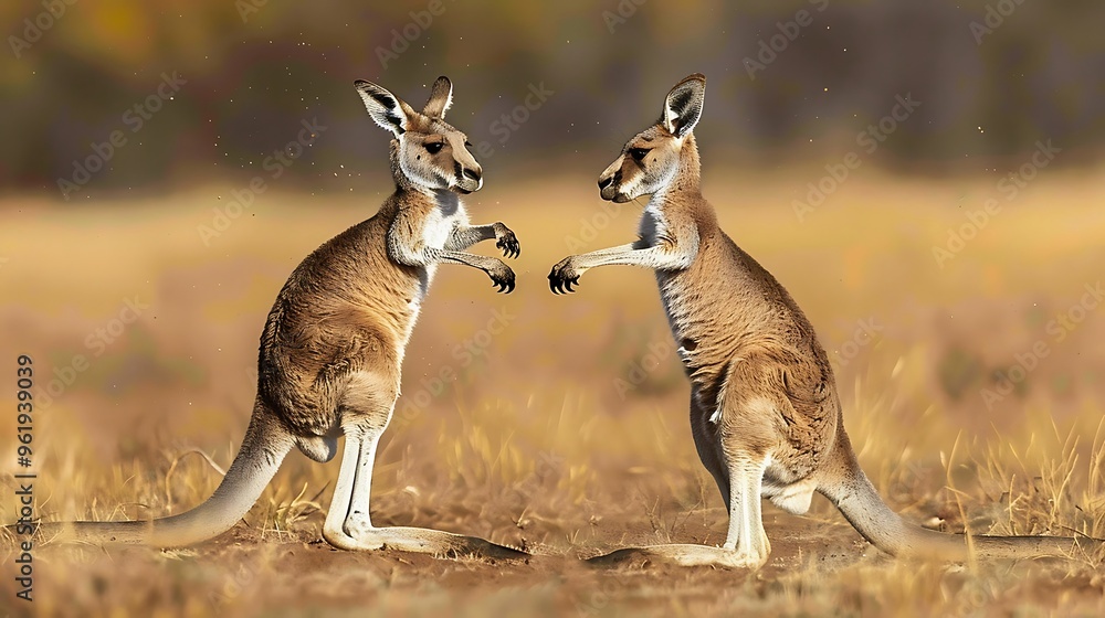Playful kangaroo boxing in Australian outback: Two kangaroos engage in ...