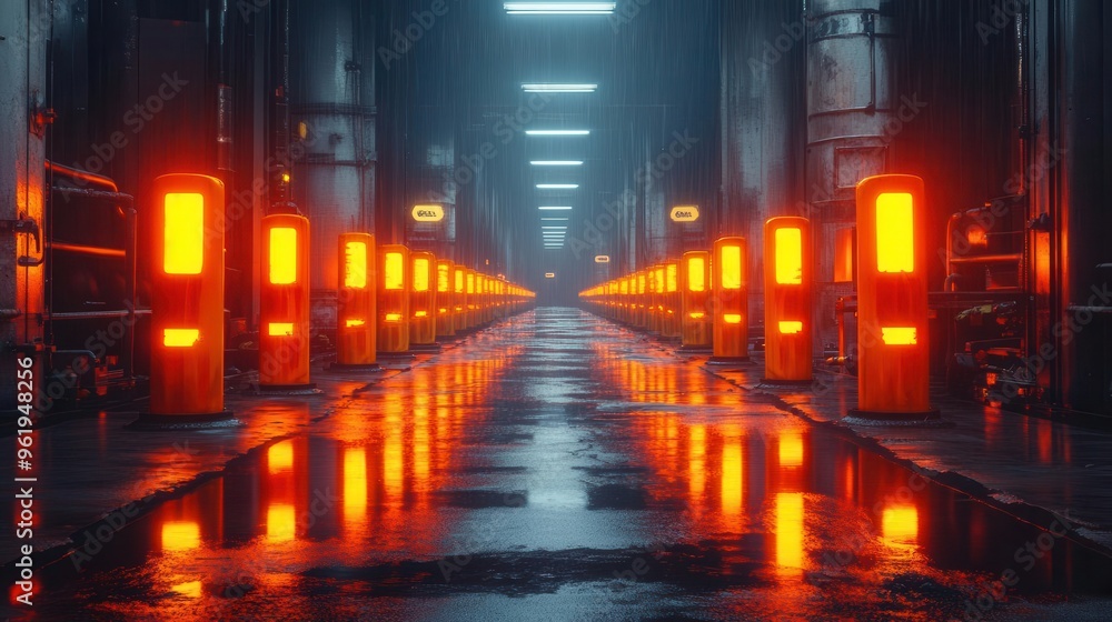 dimly lit warehouse aisle with glowing orange safety cones and flashing ...