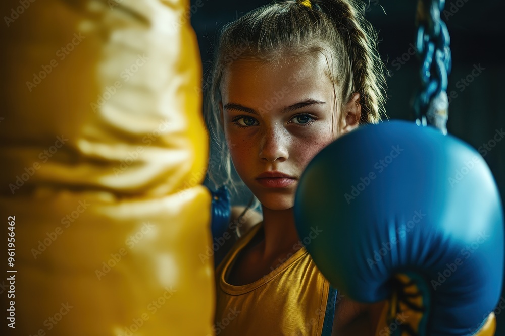 Ukrainian teenage girl athlete boxer celebrates victory with a punching ...