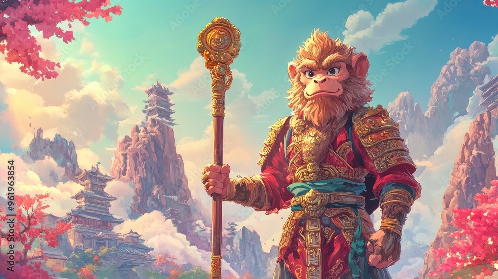 Wukong, the Monkey King, as a stylized cartoon character, standing ...