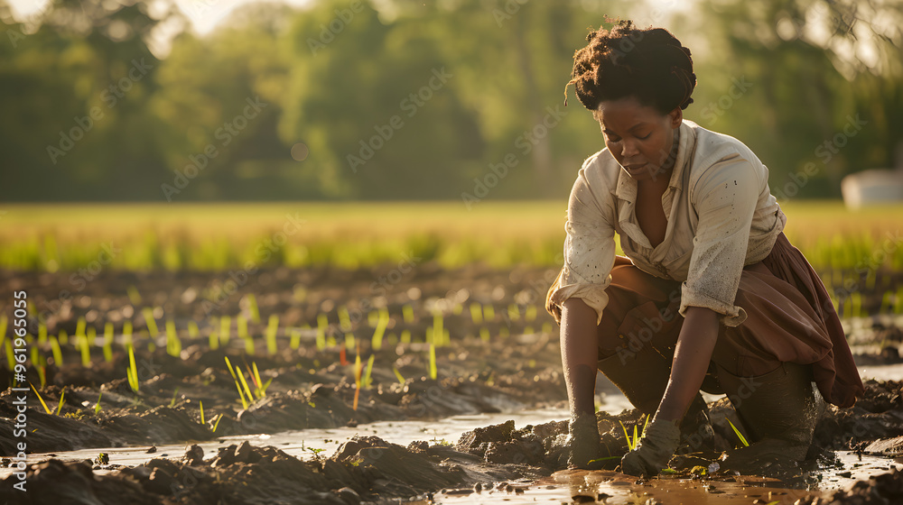 Black african woman kneeling in a muddy rice field, her hands submerged ...
