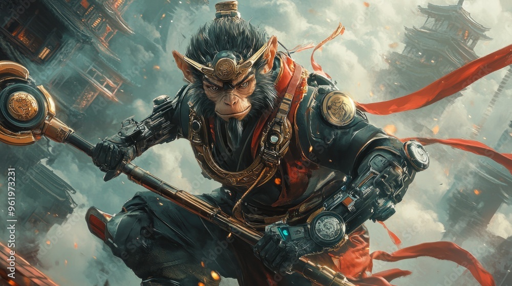 The legendary Wukong transformed into a sleek robot, wielding a high ...