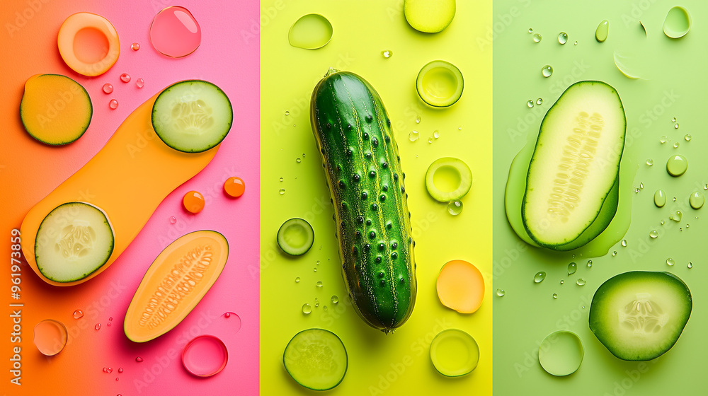 A collage of cucumber slices on bright pink, yellow, and green ...