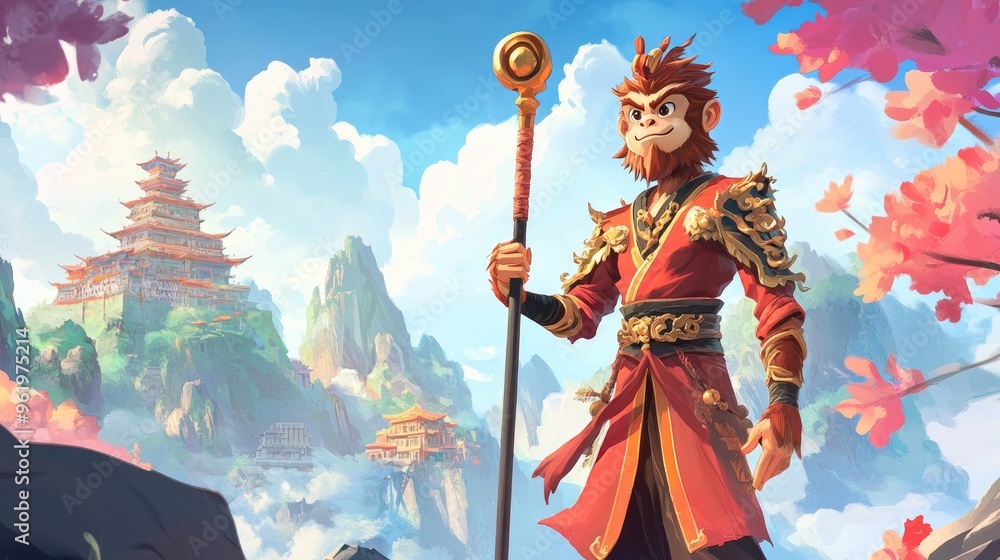 Wukong, the Monkey King, as a stylized cartoon character, standing ...