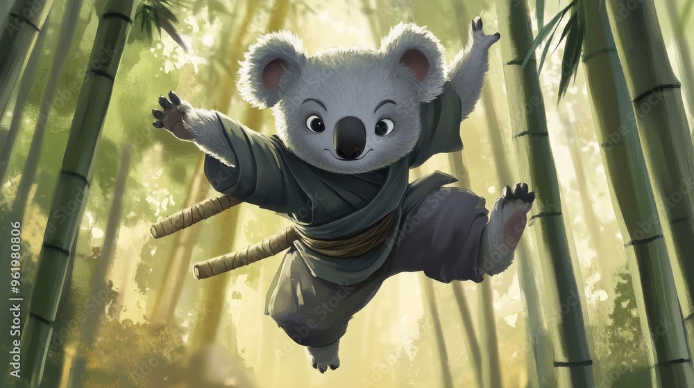 A cartoon koala dressed as a ninja, leaping through the air with a ...
