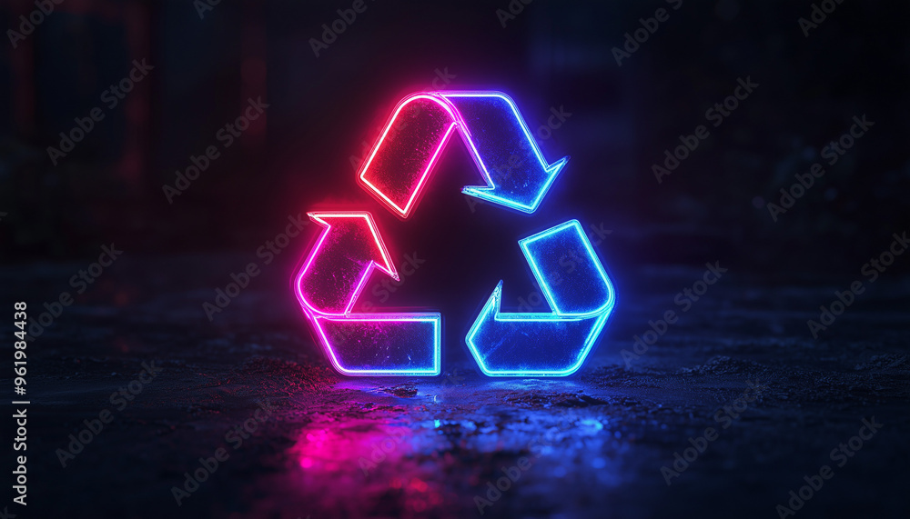 Neon recycling symbol glowing in a dark environment, showcasing the ...