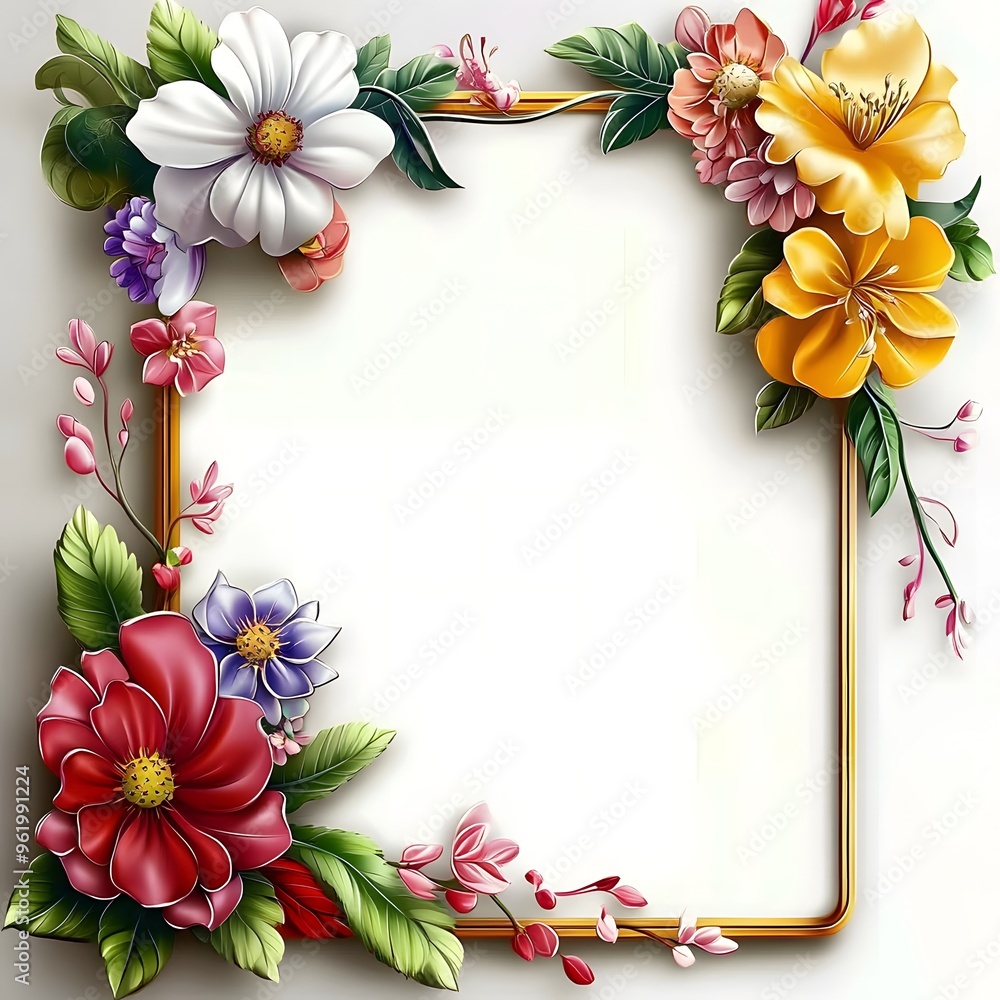Floral border with golden frame and white background. Template for ...