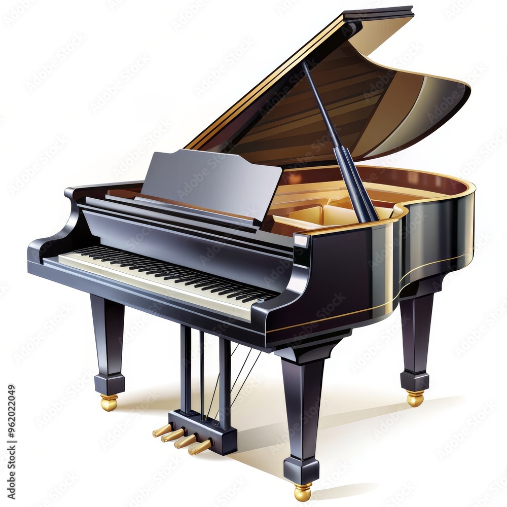 Grand Piano with Open Lid, Black and Gold, Detailed Illustration ...
