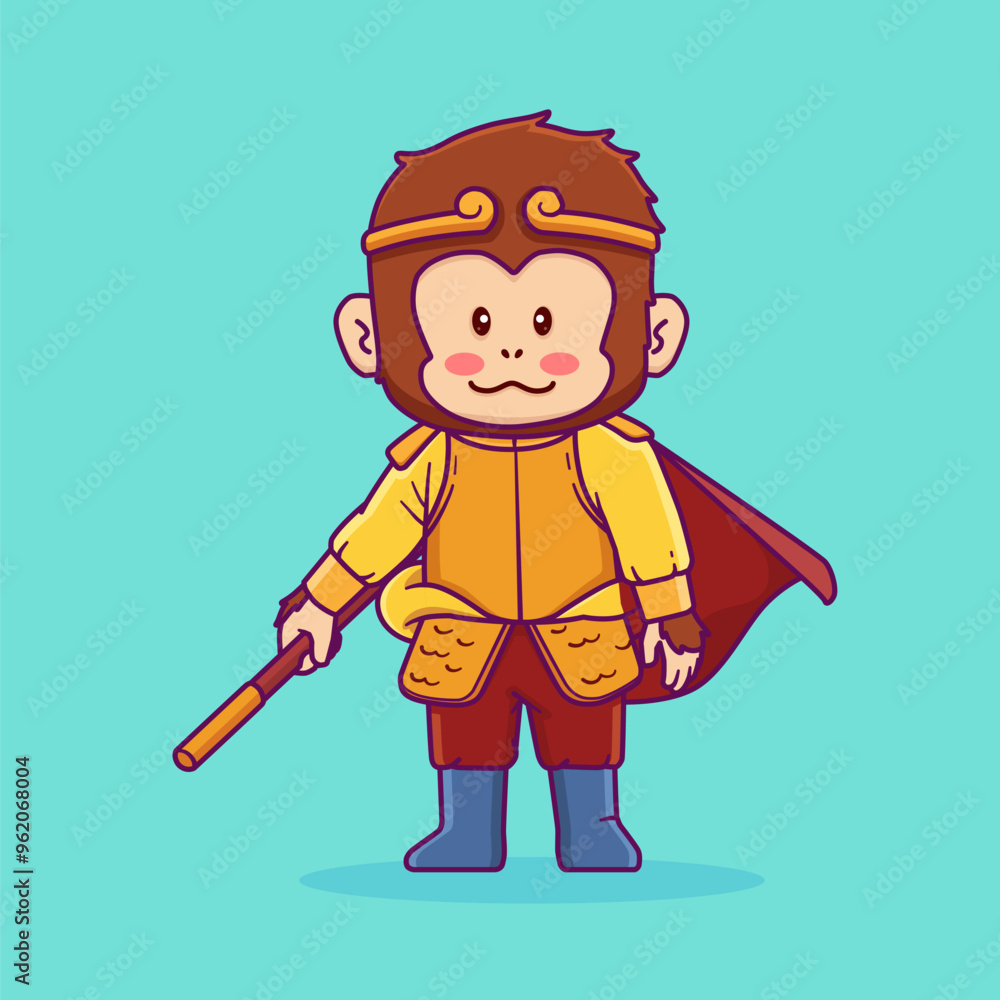 Cute Cartoon of Sun Wukong The Monkey King Poses Standing With A Stick ...