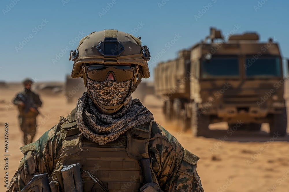 An Franch special forces soldier wearing black sunglasses and an open ...