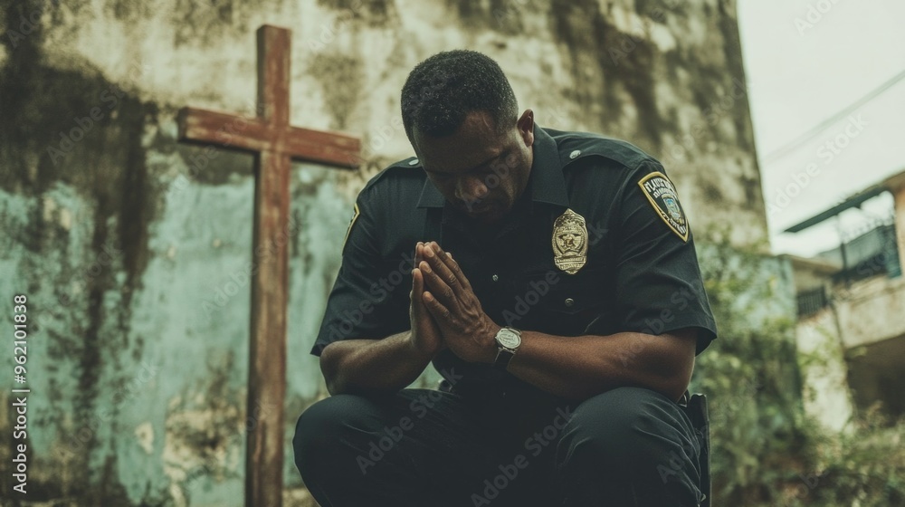African american police officer praying in front of an old church ...