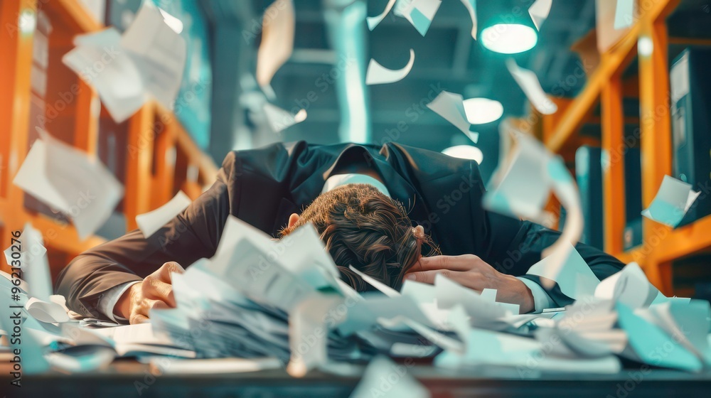 Overwhelmed businessman buried under a pile of paperwork with papers ...