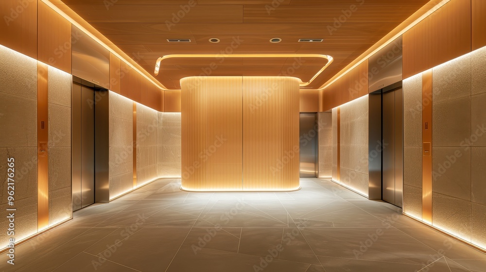 Elevator lobby with modern design elements, featuring wooden paneling ...