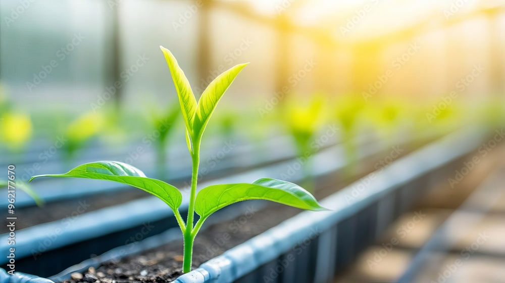 Conceptual image of a genetically modified plant in a greenhouse ...
