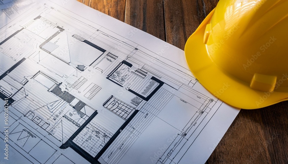 Blueprint floor plan architectural project on the table with yellow ...