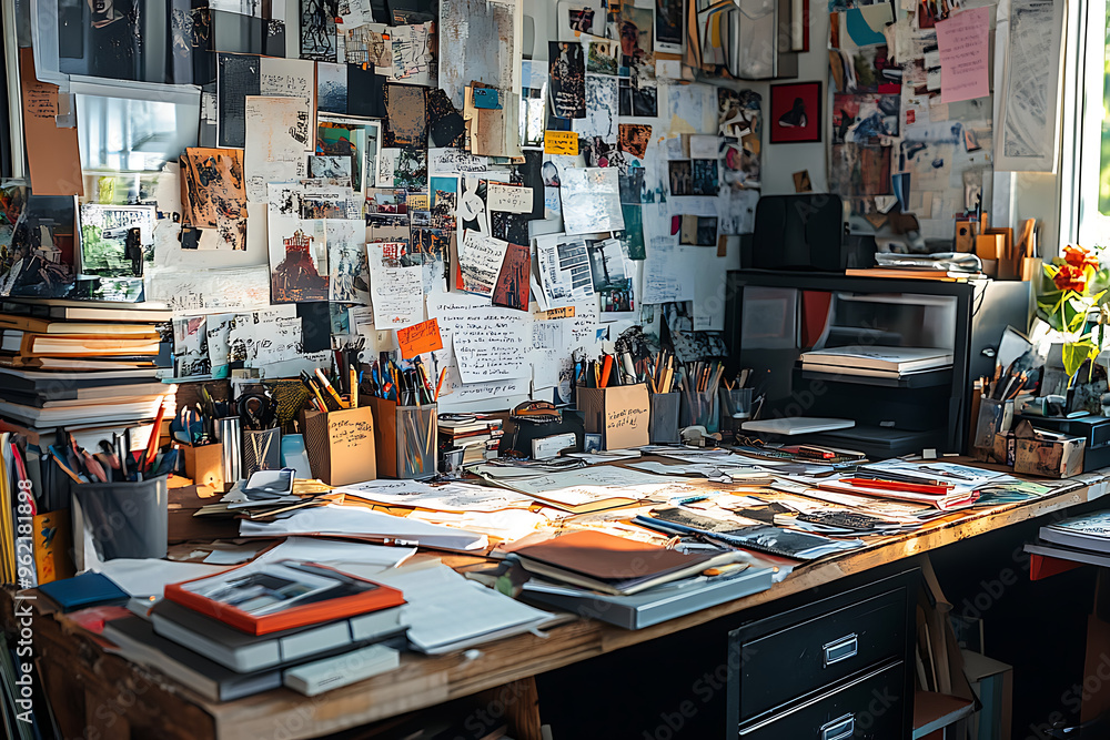 Messy desk with completed work shows a productive workspace filled with ...
