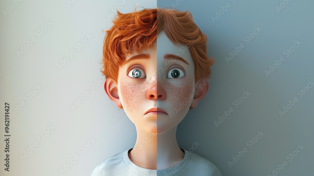 An animated boy with red hair is depicted with his face split into two ...