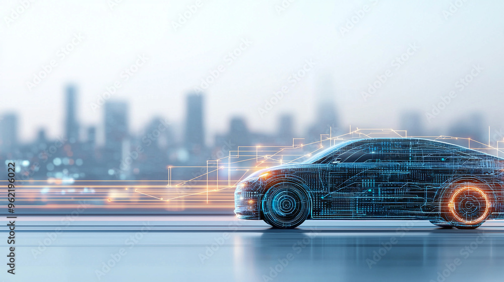 A highly detailed illustration of an autonomous vehicle navigating ...