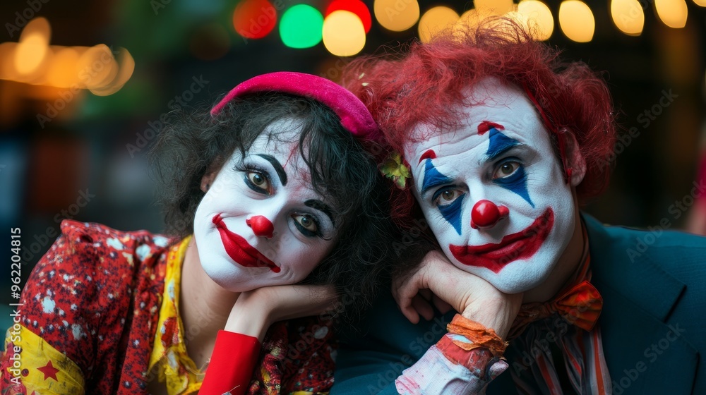 Surprised clowns, man and woman entertainers as Joker in a suit and wig ...